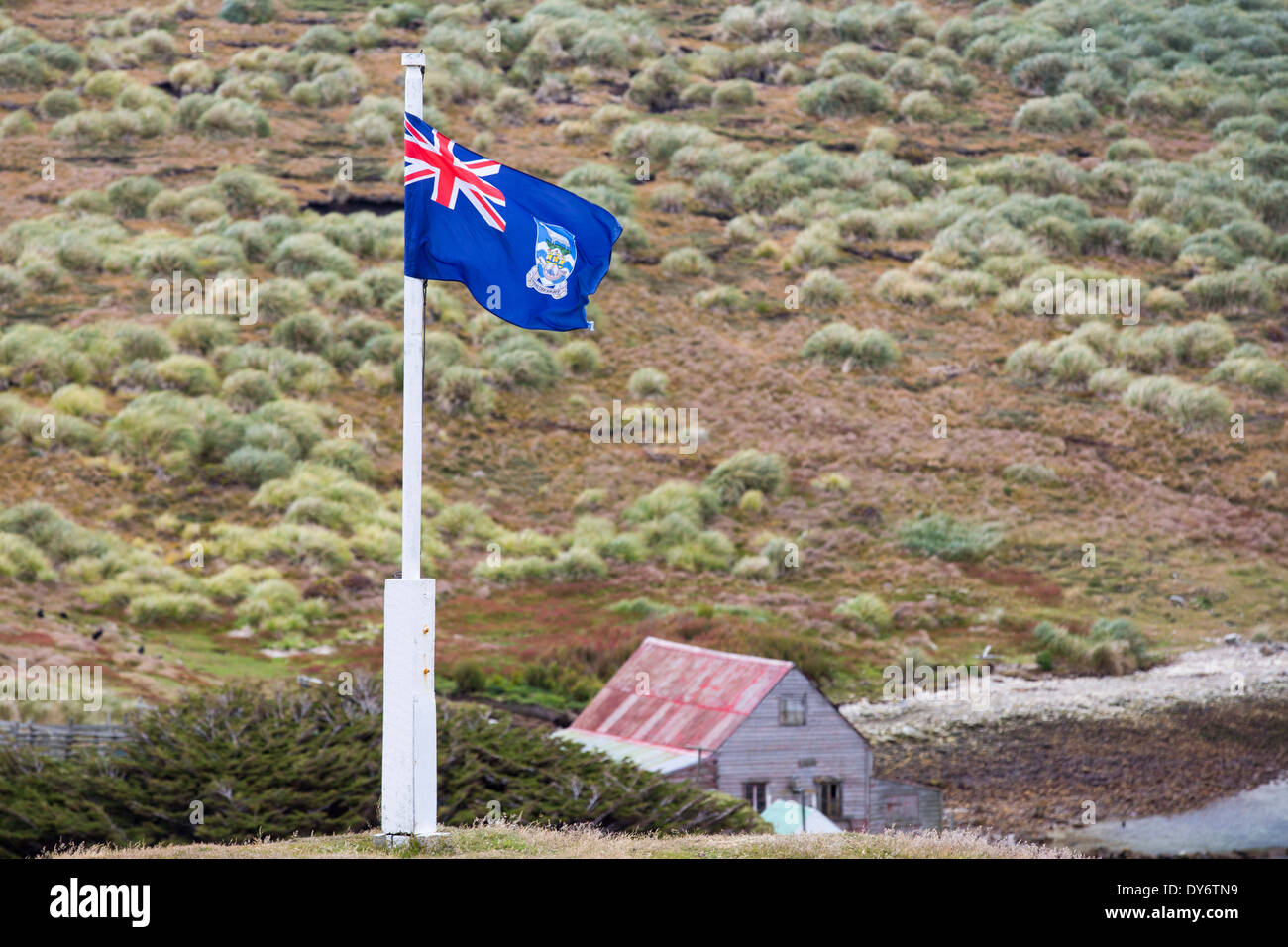A Falklands flag on Westpoint island in the Falkland islands off ...