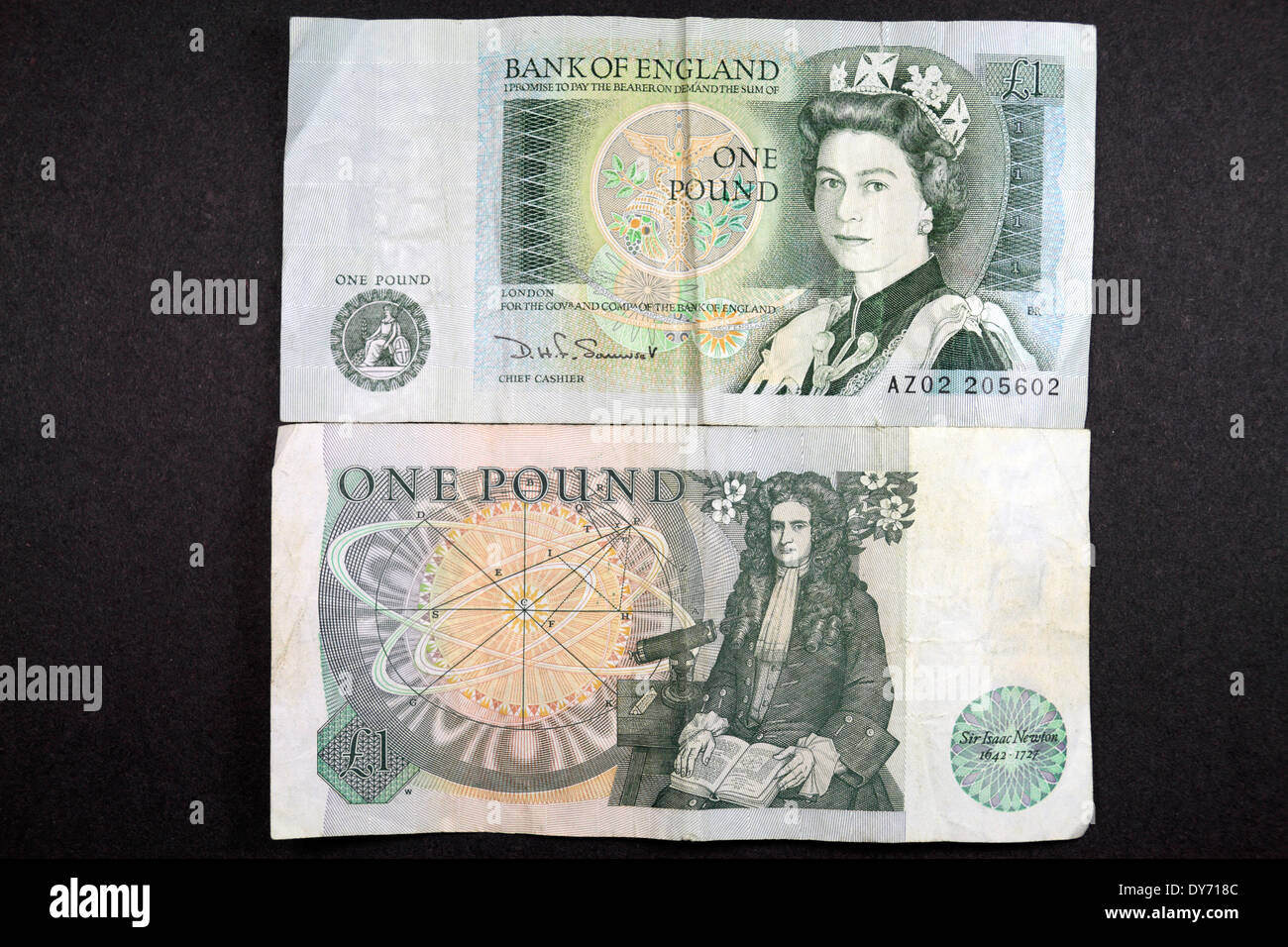 Front and back of two British £1 (one pound) note issued between 9 ...