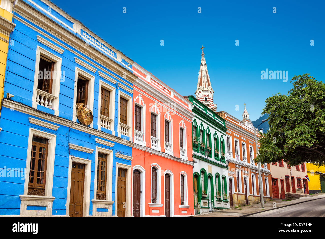 Colorful building in La Candelaria neighborhood in the historic center ...
