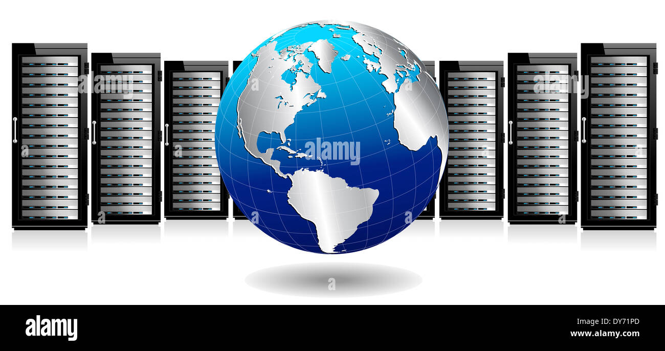 Row of Network Servers with Globe - Information technology conceptual ...