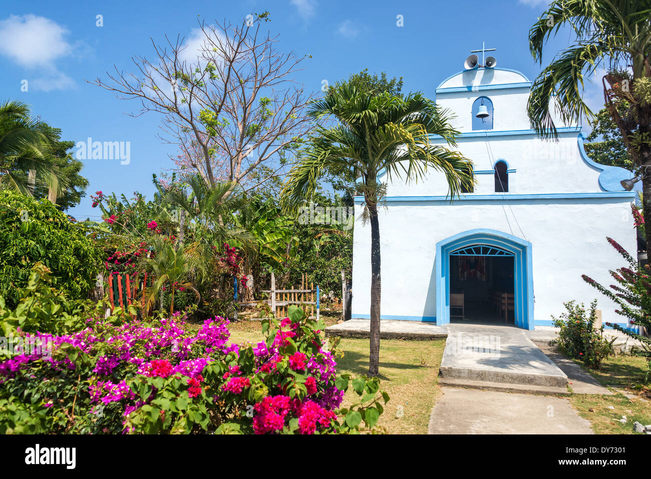 White church and colorful tropical flowers in Capurgana, Colombia Stock ...