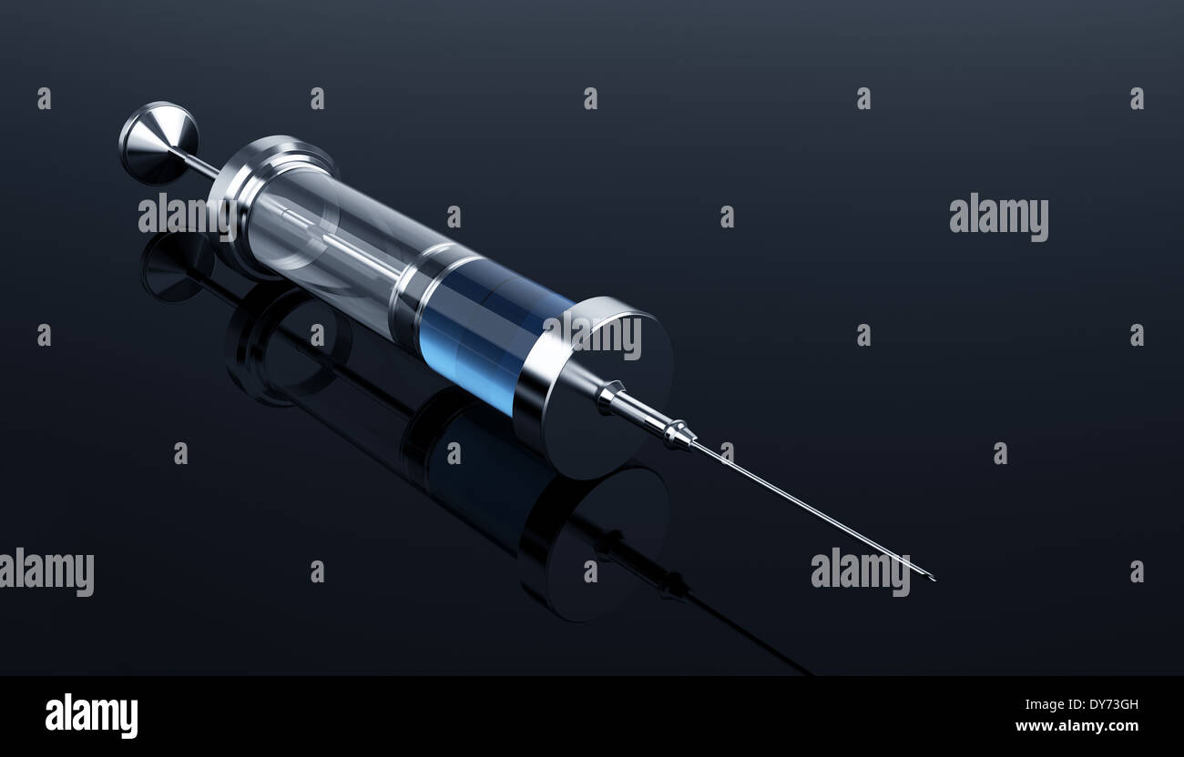 3d render of glass syringe on the dark blue background Stock Photo - Alamy