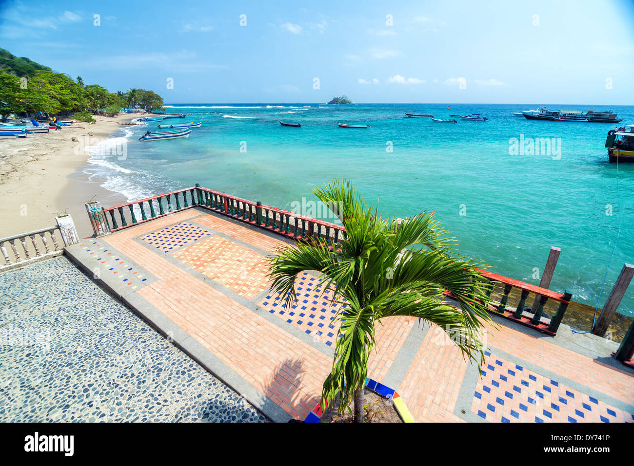 View of a boardwalk in Capurgana, Colombia overlook the Caribbean Sea ...