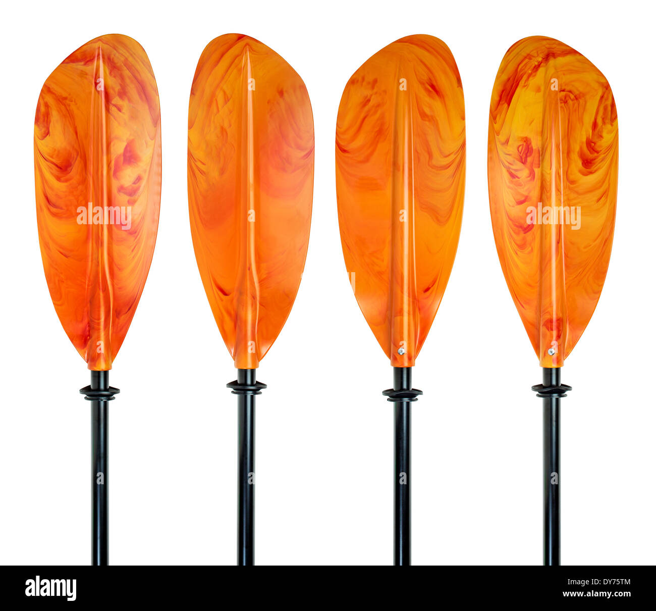 four colorful kayak paddle blades with scrambled eggs pattern, isolated ...
