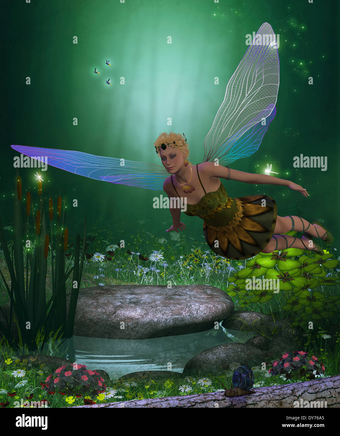 A winged fairy flies over a magical forest pond on iridescent wings ...