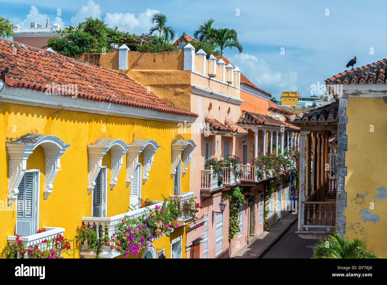 Colonial buildings and balconies in the historic center of Cartagena ...