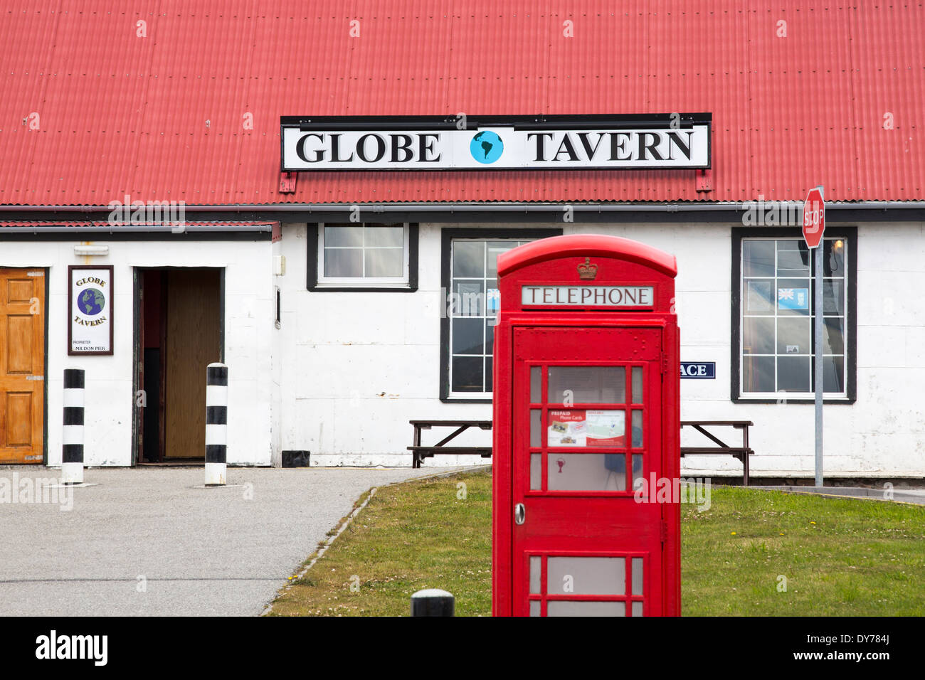 A pub and English phone box in Port Stanley, the capital of the ...