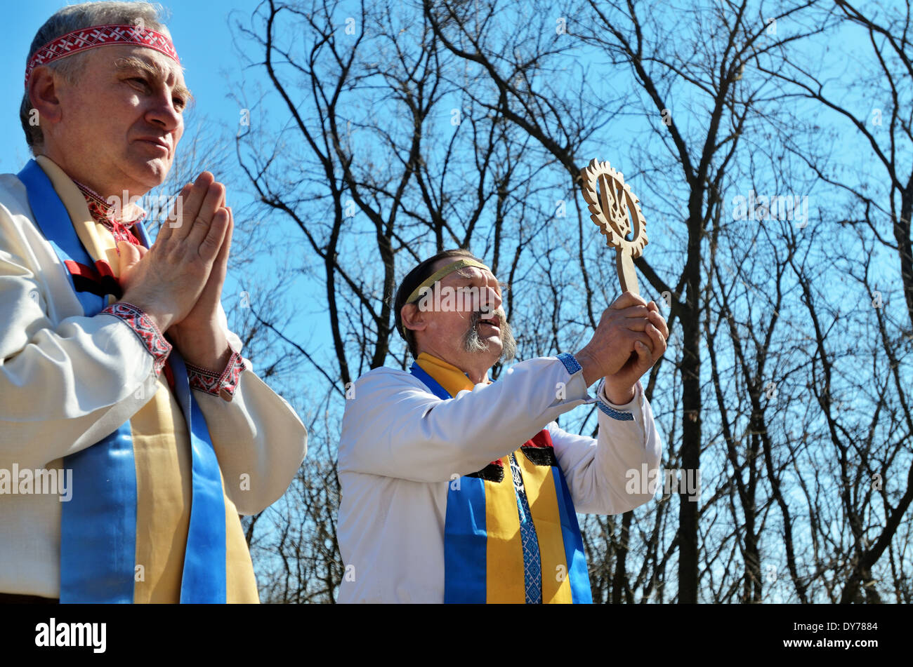 Proto-Slavic pagan rituals in Ukraine. Priests pray to the sun Stock ...