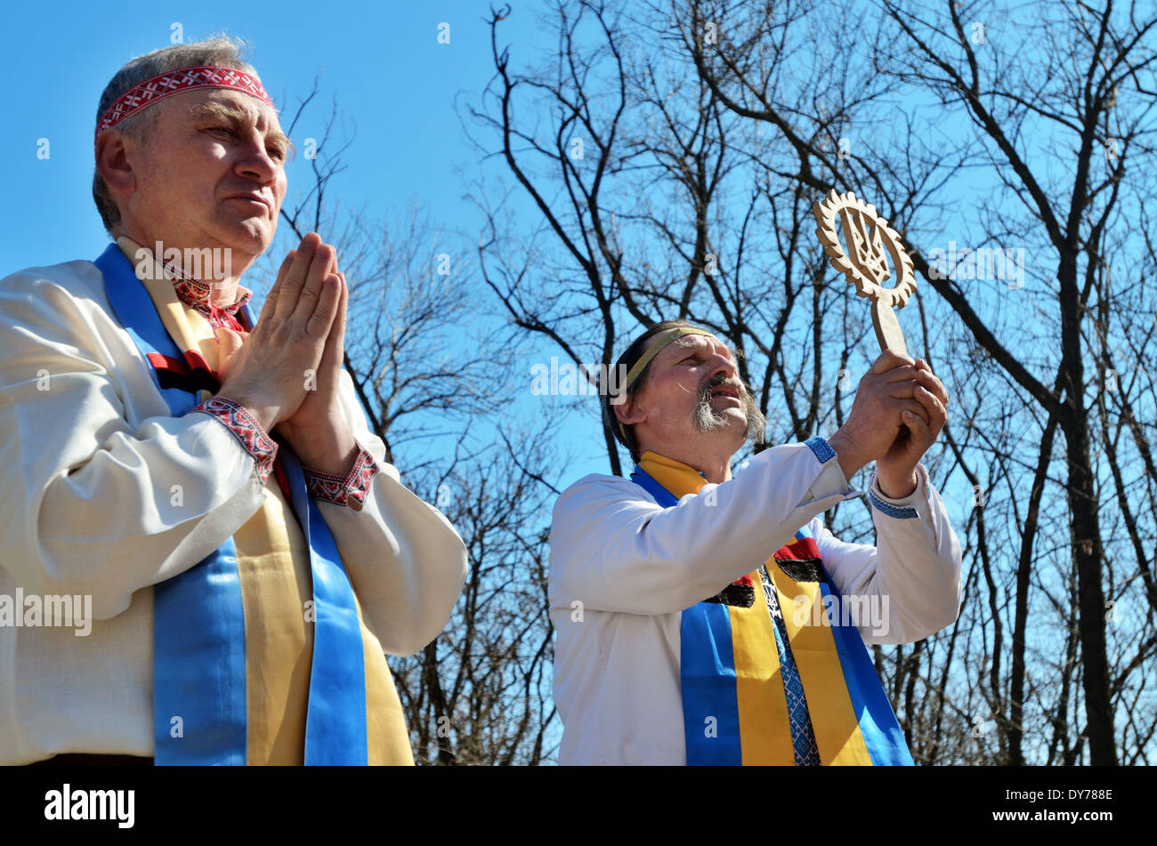 Proto-Slavic pagan rituals in Ukraine. Priests pray to the sun Stock ...