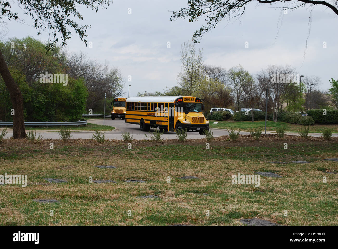 Yellow school buses leave a bus barn for the after noon trip from ...