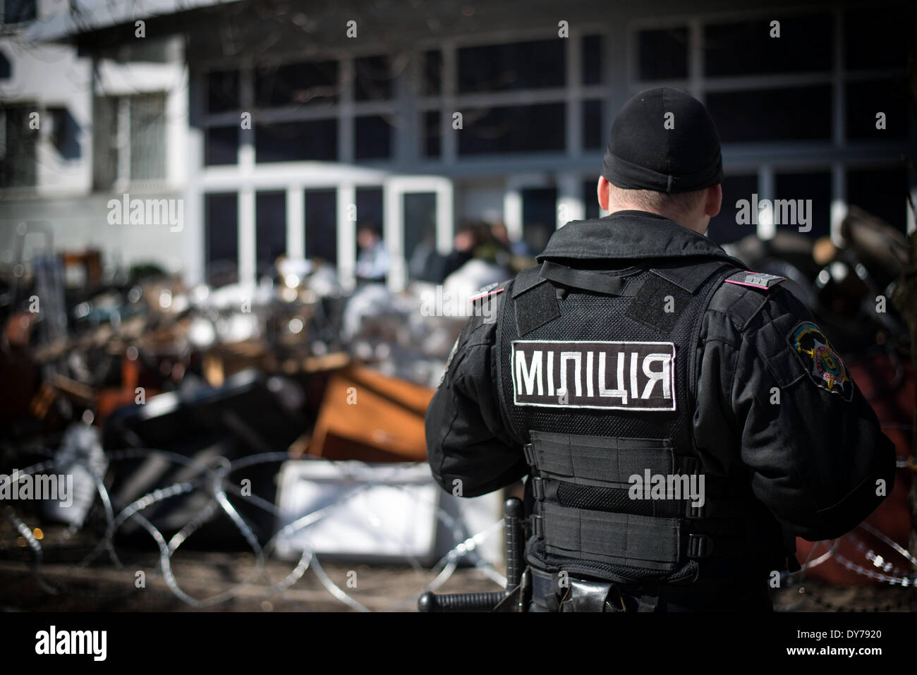 Donetsk, Ukraine. 8th Apr, 2014. The day after the take of SBU by pro ...