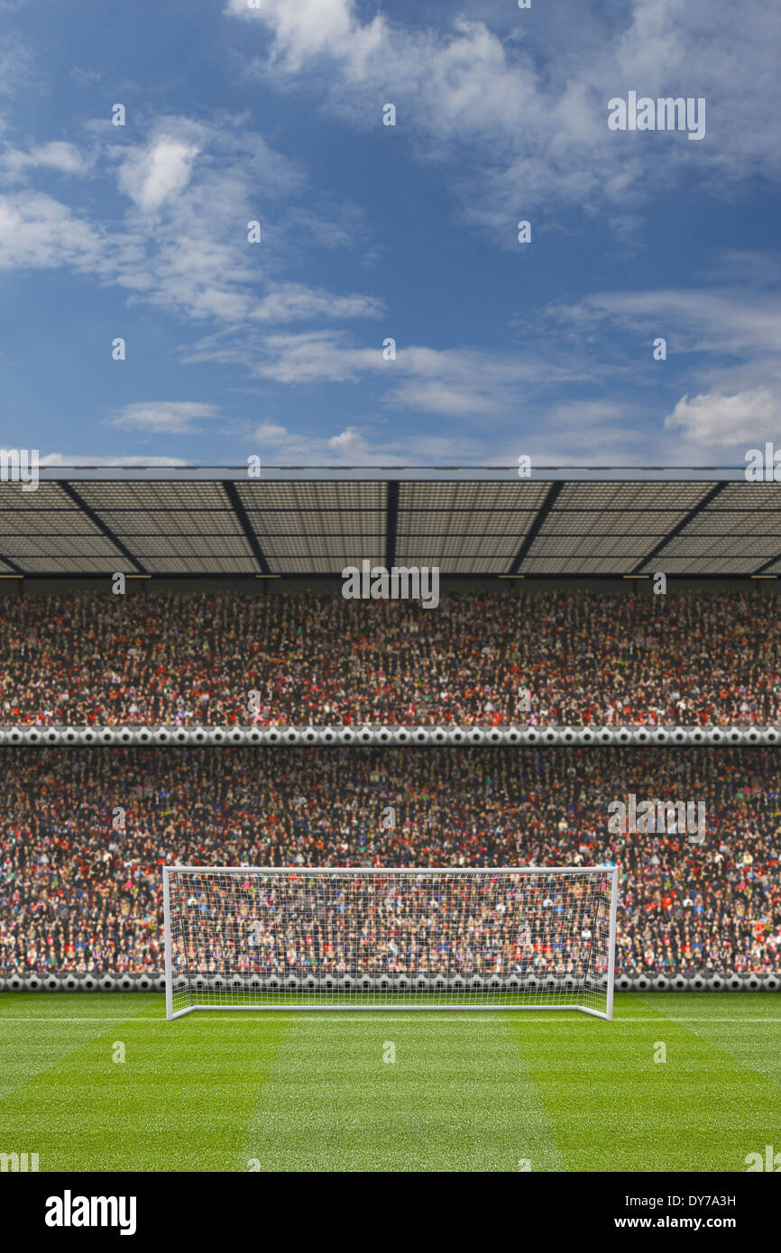 computer generated football stadium stand with crowd, goal posts and ...
