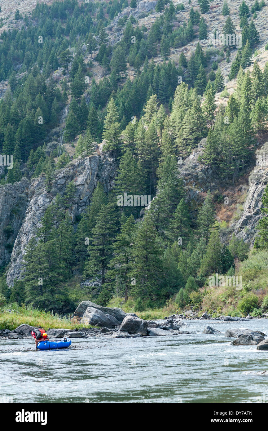 Pack raft paddler, Bear Trap Canyon, Madison River, Ennis, Montana ...