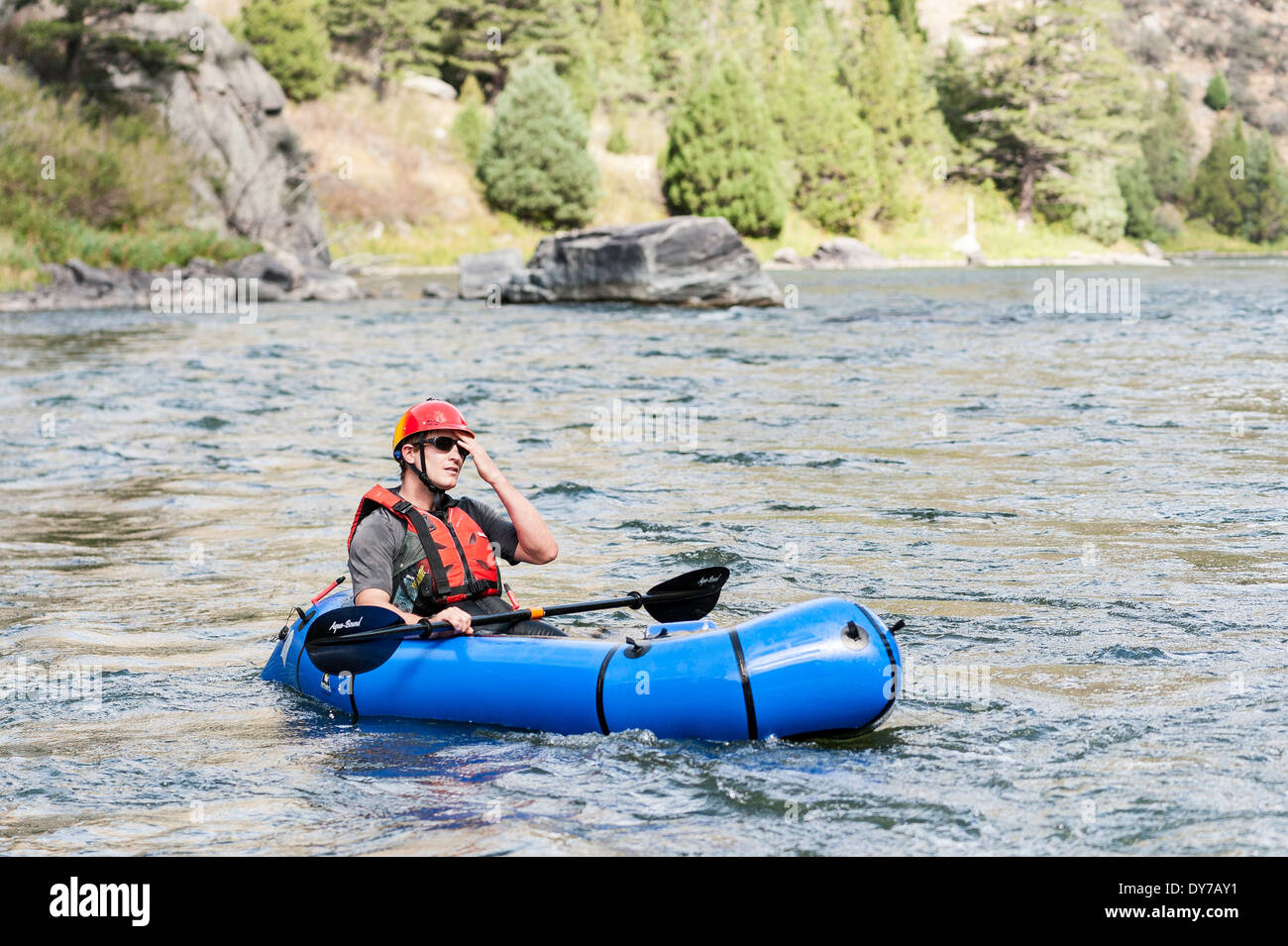 Pack raft paddler, Bear Trap Canyon, Madison River, Ennis, Montana ...