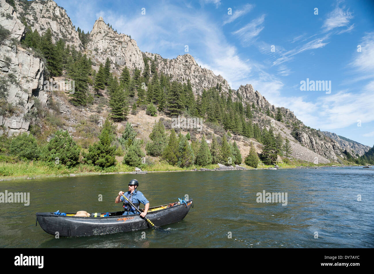 Canoe paddler, Bear Trap Canyon, Madison River, Ennis, Montana Stock ...
