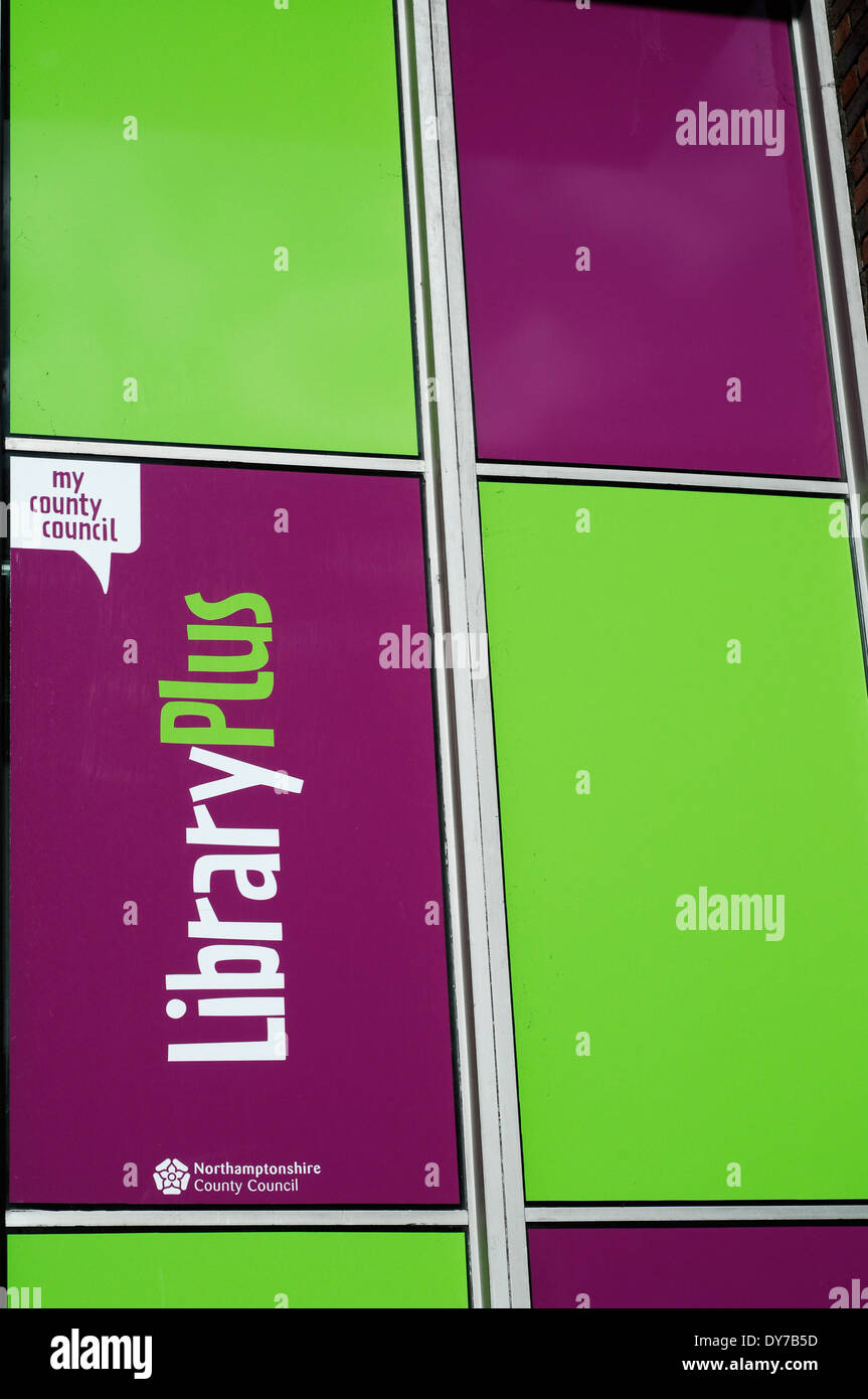 Library Plus Northamptonshire sign Stock Photo - Alamy