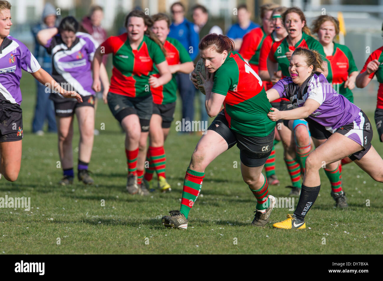 Aberystwyth university women (in red and green) playing rugby against ...