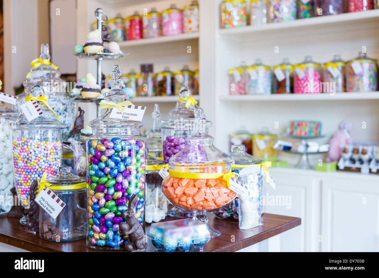 Jars filled with different candies at the boutique candy store Stock ...