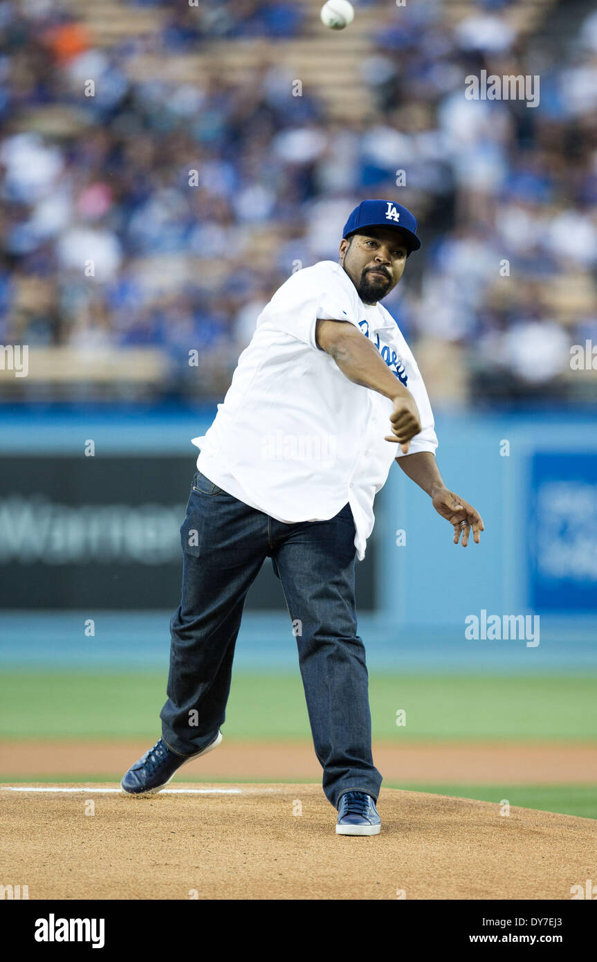 Los Angeles, CA, USA. 8th Apr, 2014. Rap Artist Ice Cube throws the ...