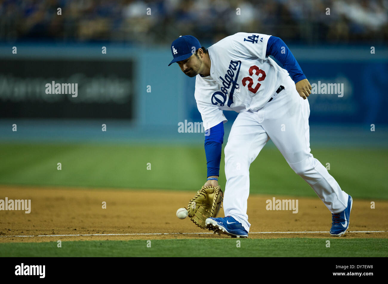 Los Angeles, CA, USA. 8th Apr, 2014. goes to grab the ball to tag first ...