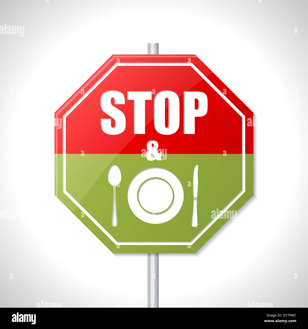 Stop and eat bicolor traffic sign on white Stock Photo - Alamy