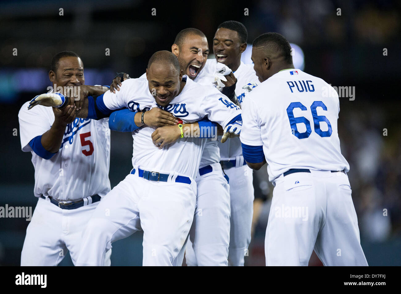 Los Angeles, CA, USA. 8th Apr, 2014. Los Angeles Dodgers celebrate with ...
