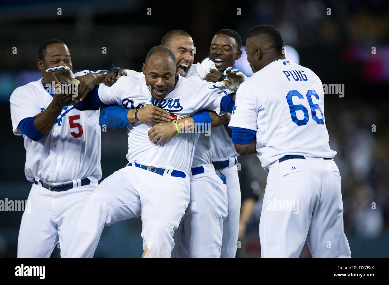 Los Angeles, CA, USA. 8th Apr, 2014. Los Angeles Dodgers celebrate with ...