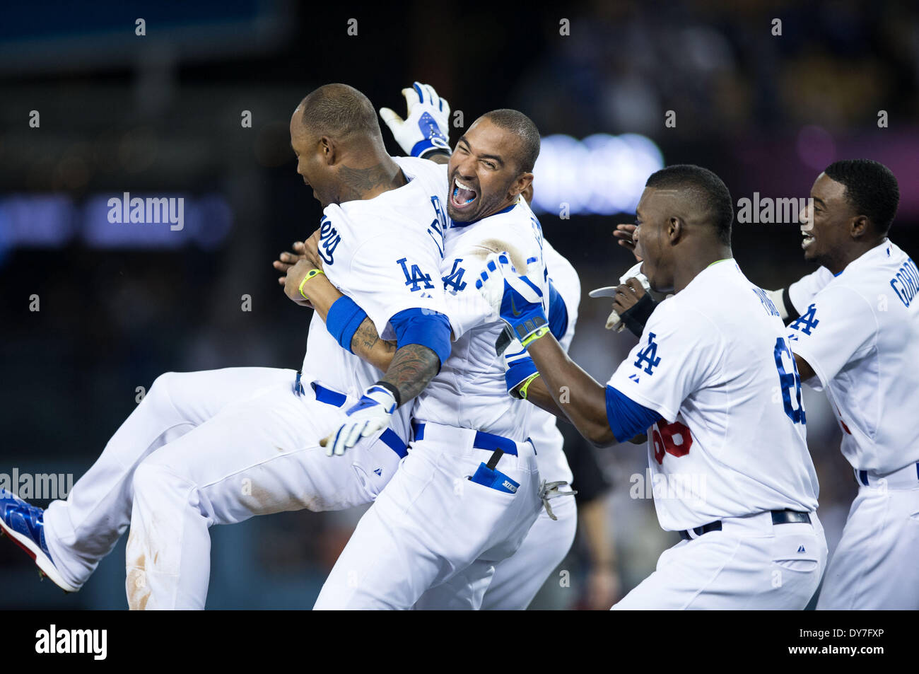 Los Angeles, CA, USA. 8th Apr, 2014. Los Angeles Dodgers celebrate with ...