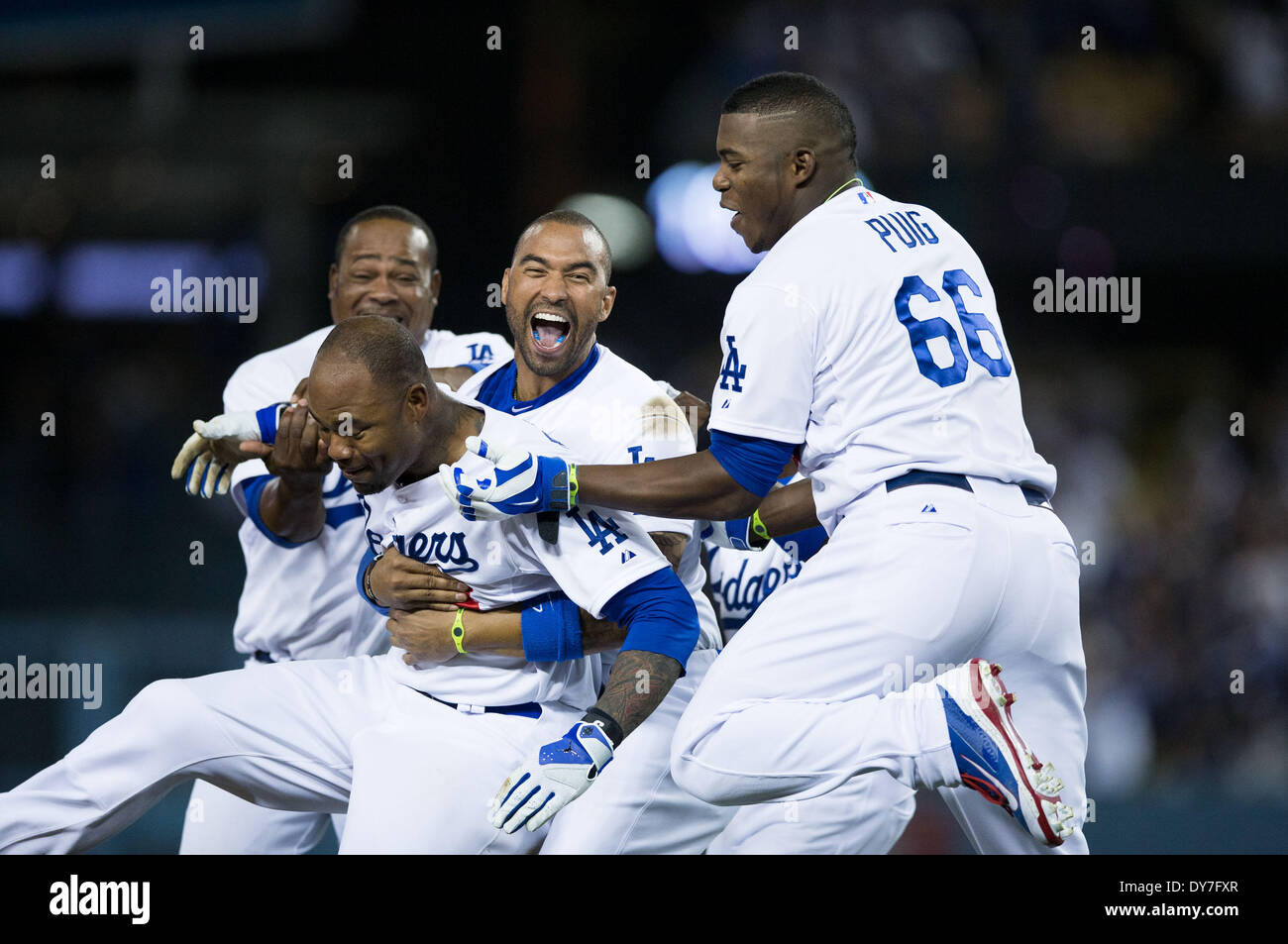 Los Angeles, CA, USA. 8th Apr, 2014. Los Angeles Dodgers celebrate with ...