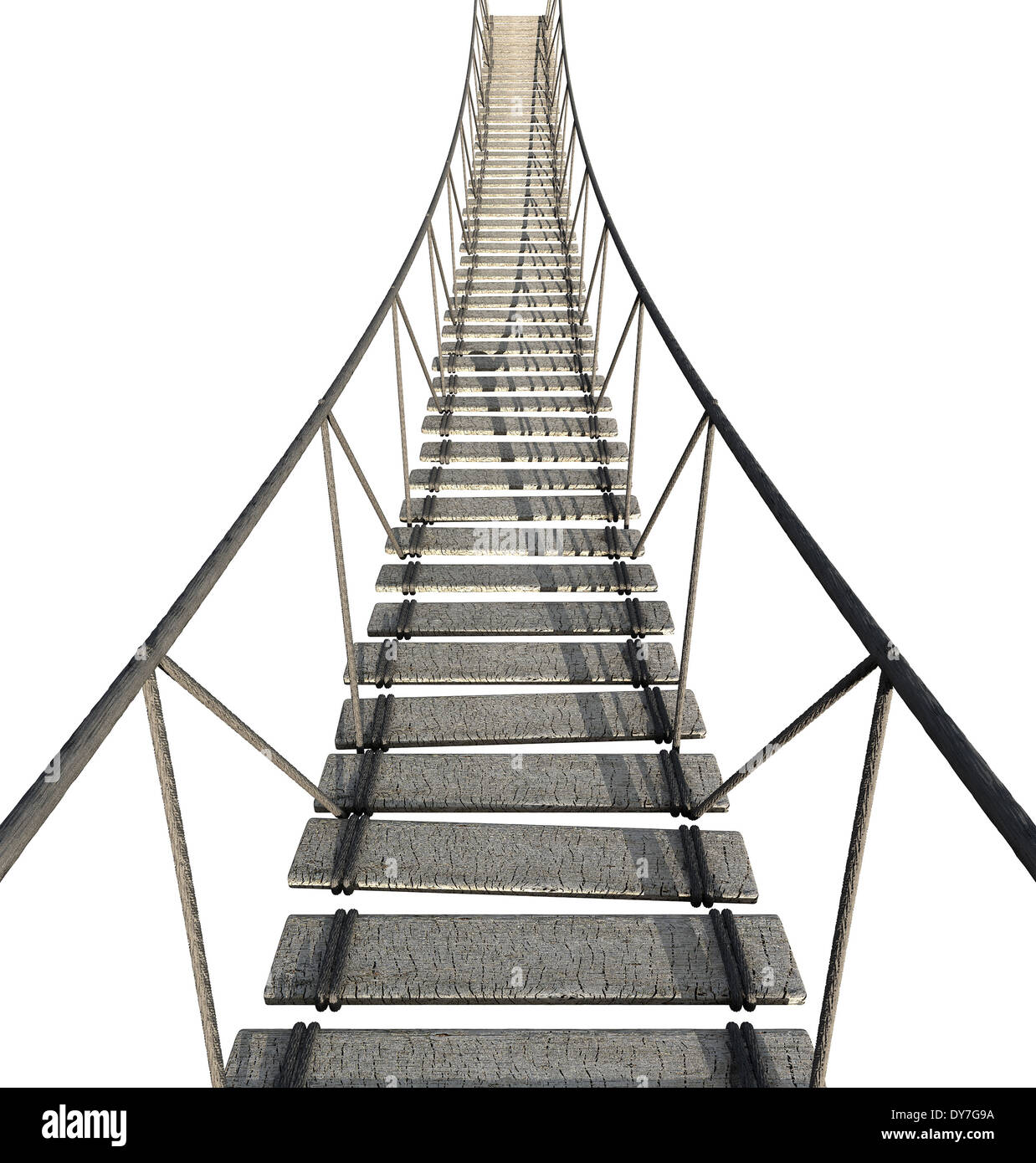 A rope bridge made of wooden planks held together by rope and secured ...