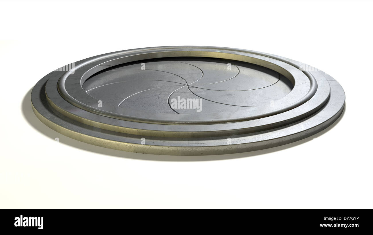 A futuristic round mechanical portal with a sphincter type mechanism on ...