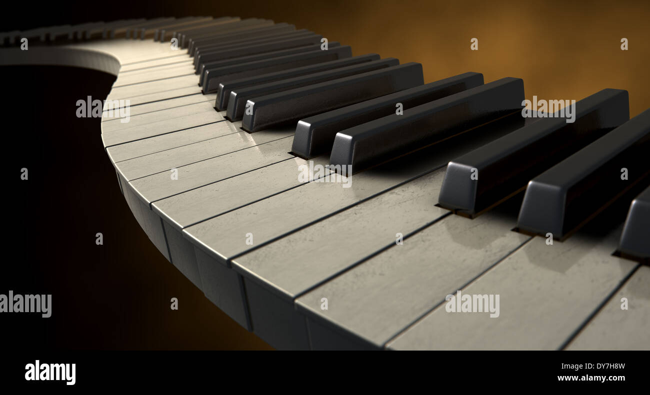 A full set of regular piano keys laid out creating a wave on a moody ...