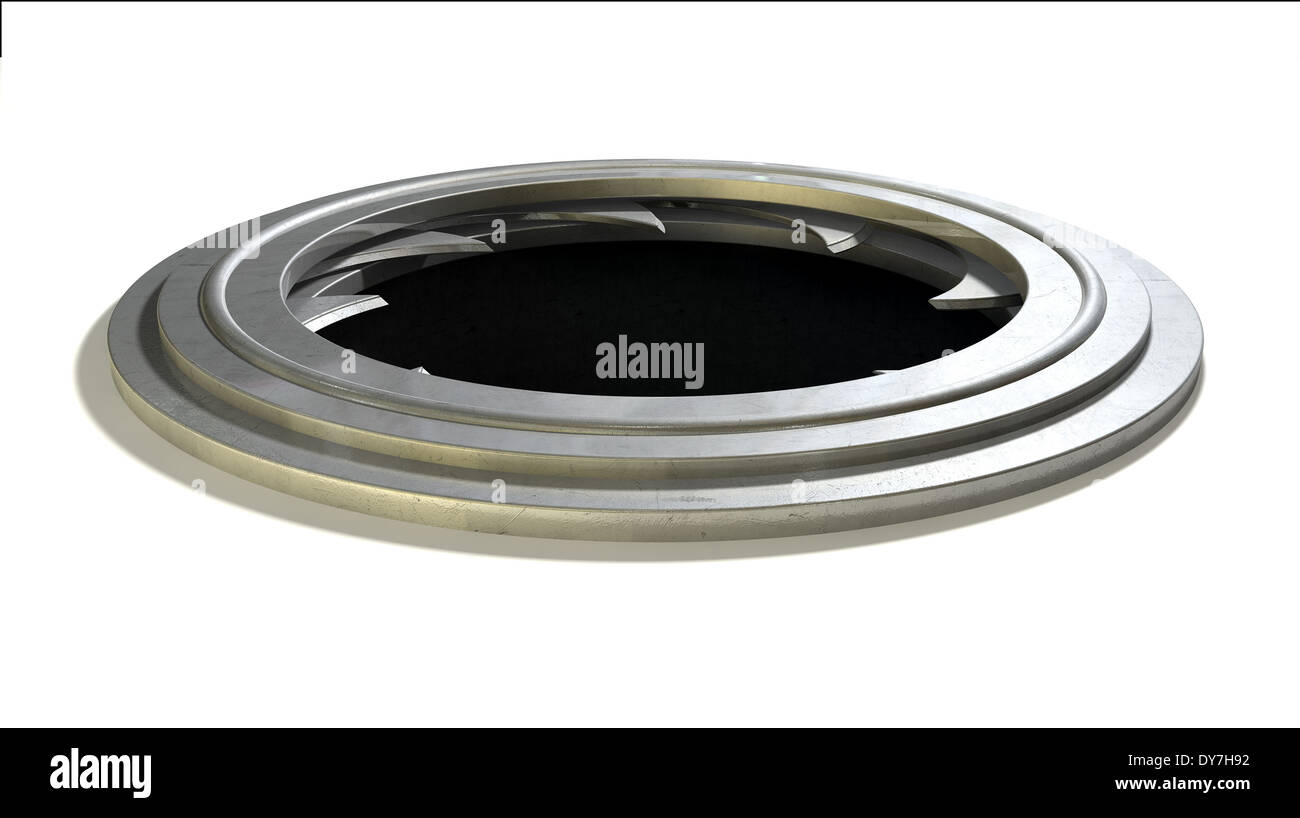 A futuristic round mechanical portal with a sphincter type mechanism on ...