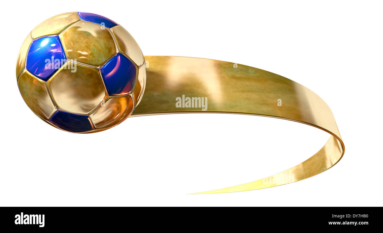 A gold and blue soccer ball being trailed by a gold ribbon swoosh on an ...