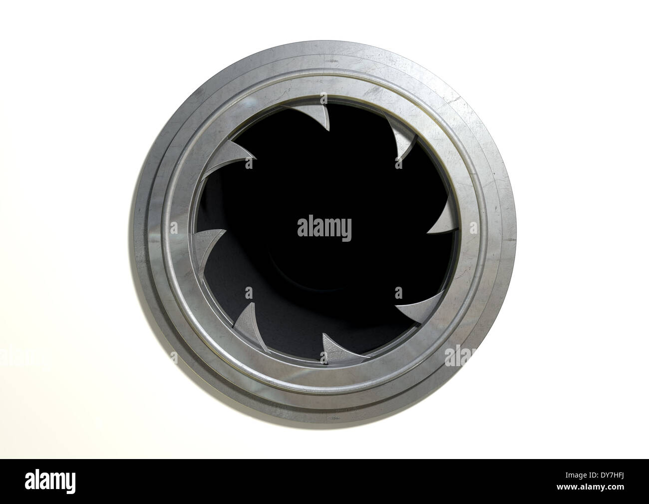 A futuristic round mechanical portal with a sphincter type mechanism on ...