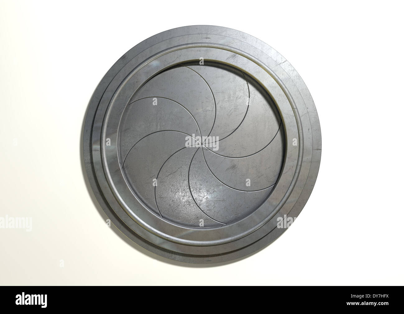 A futuristic round mechanical portal with a sphincter type mechanism on ...