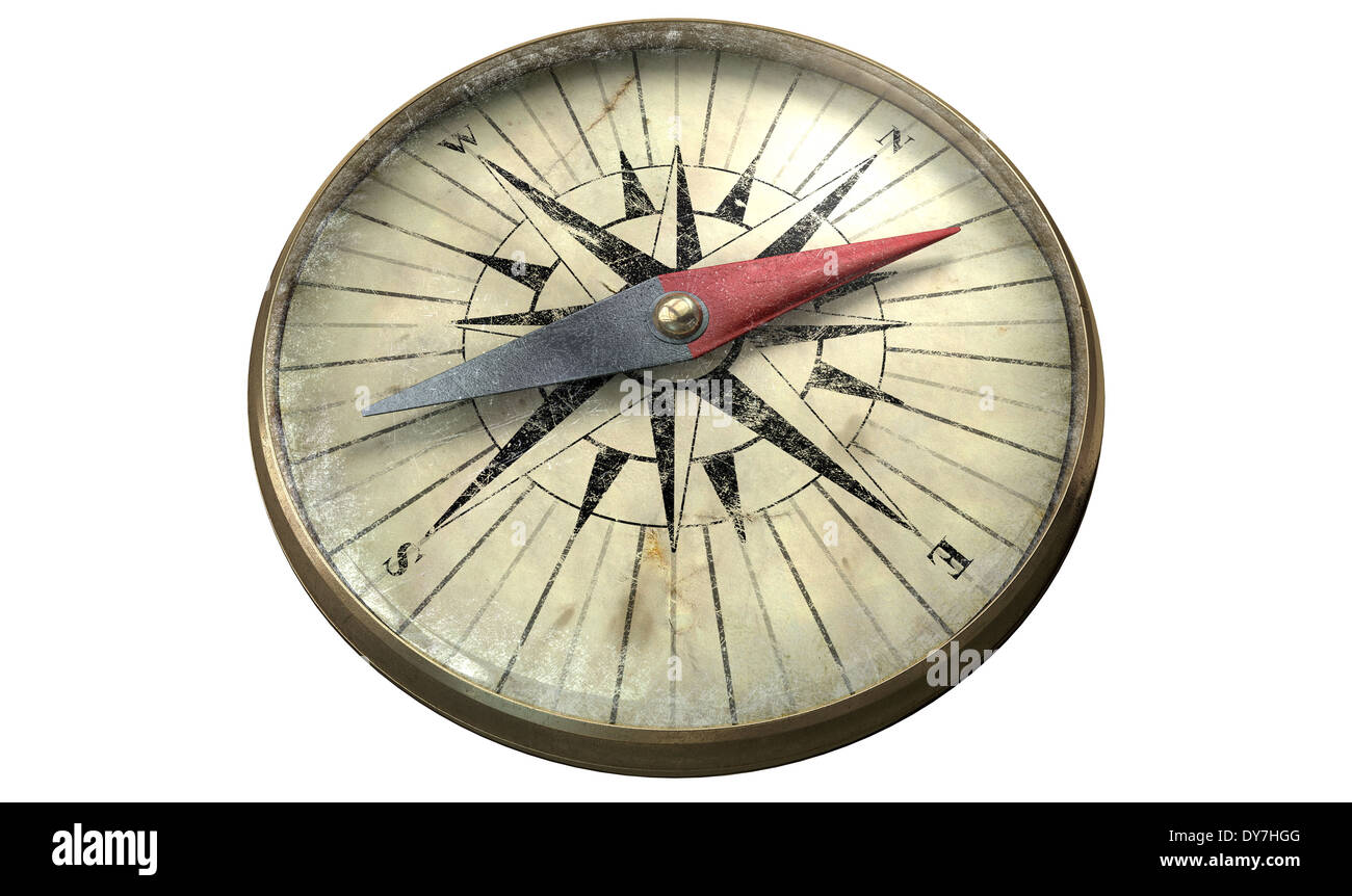 A vintage compass made of copper with a scratched galss on an isolated ...