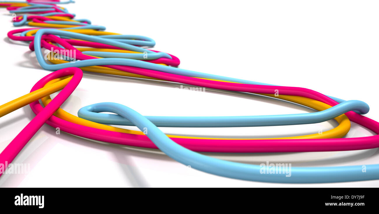 Luminous colored computer cables draped over each other on an isolated ...