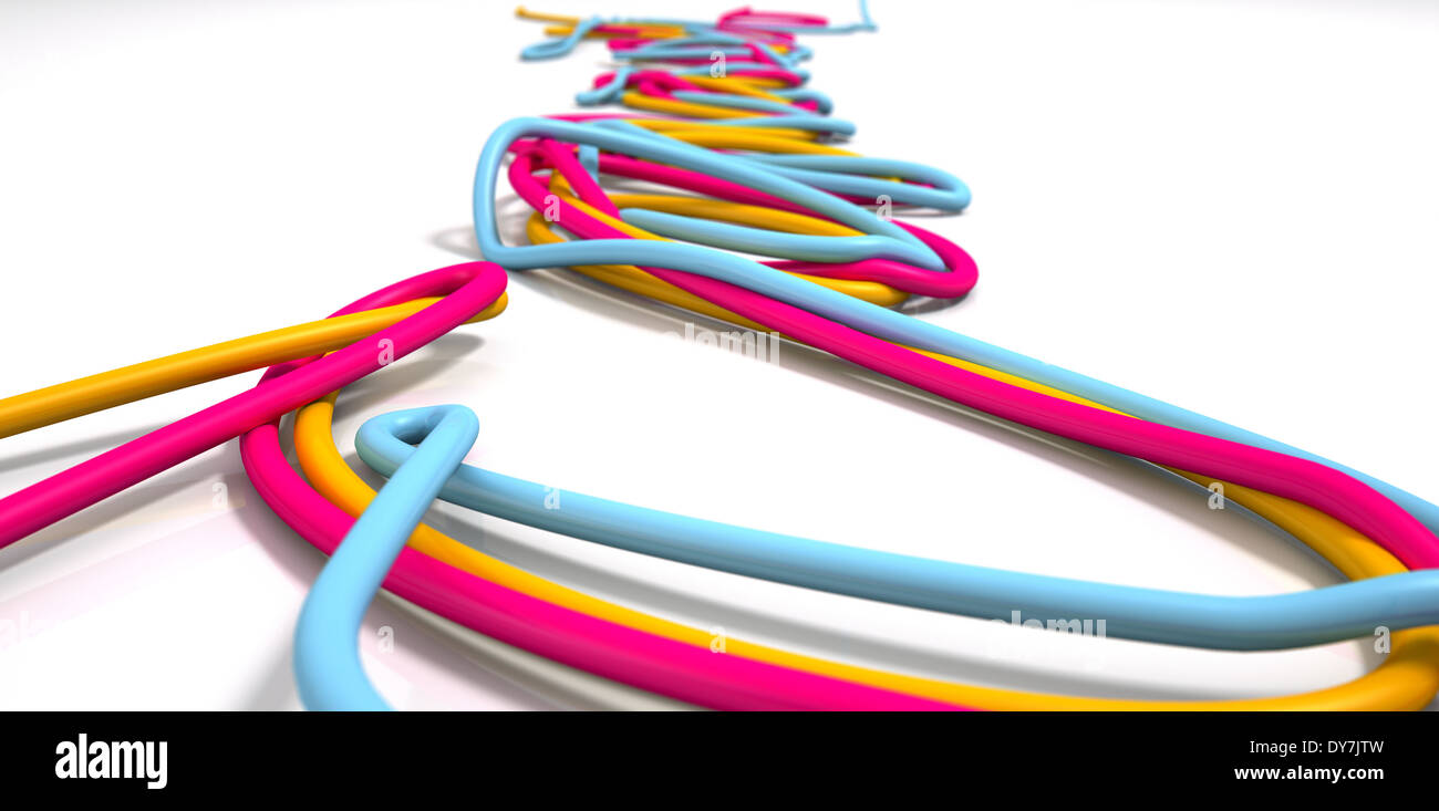 Luminous colored computer cables draped over each other on an isolated ...