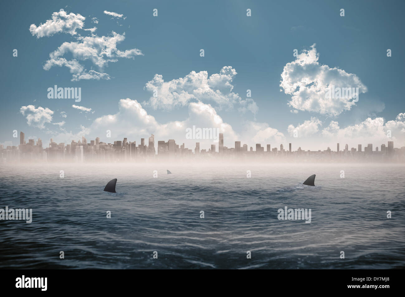 Cityscape on horizon over shark infested sea Stock Photo - Alamy