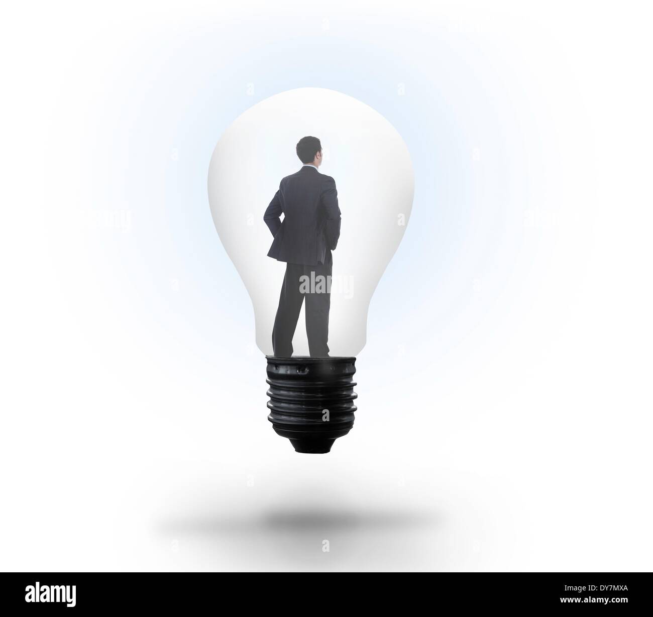 Thinking businessman in light bulb on white background Stock Photo - Alamy