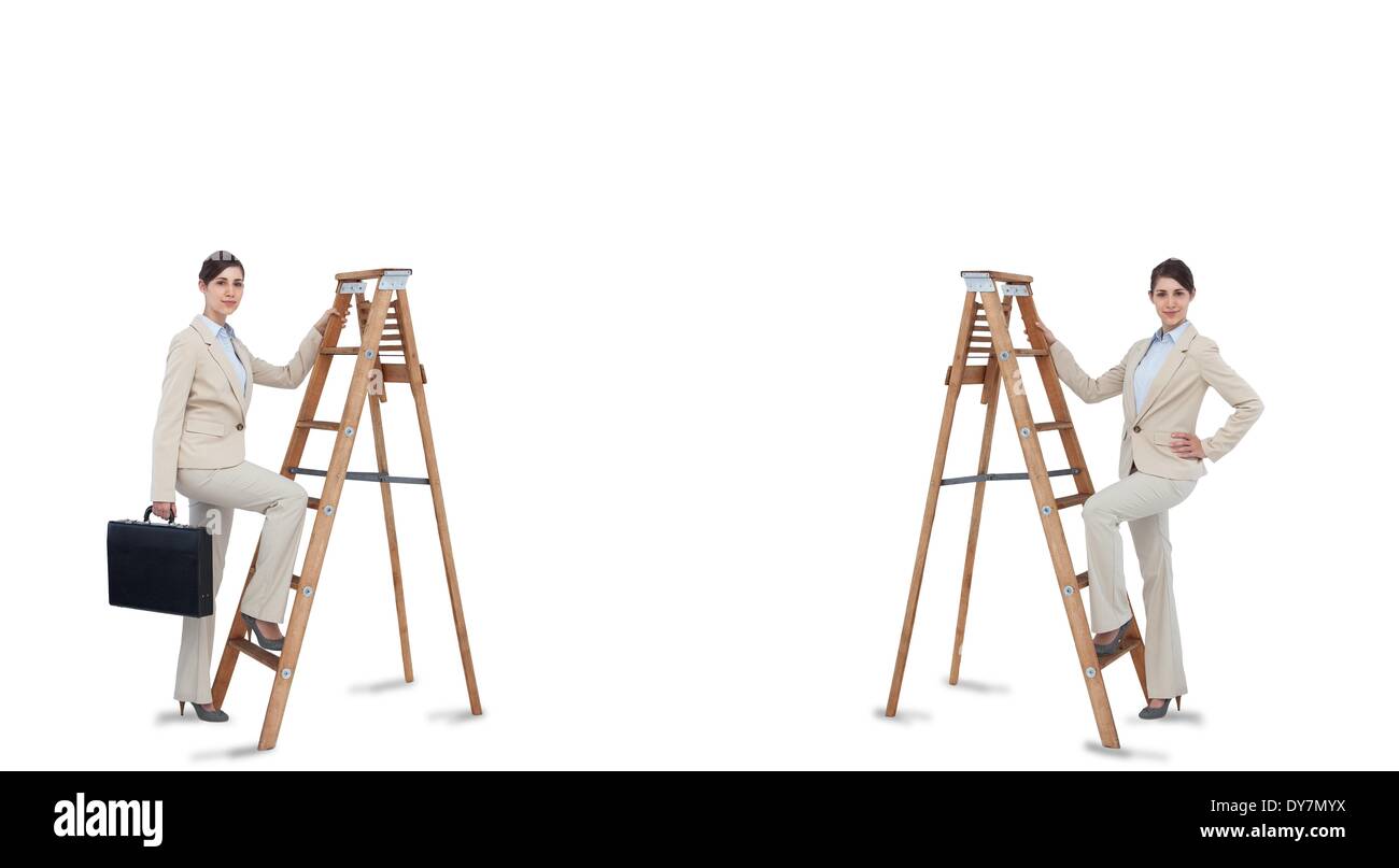 Multiple image of businesswoman climbing ladder Stock Photo - Alamy