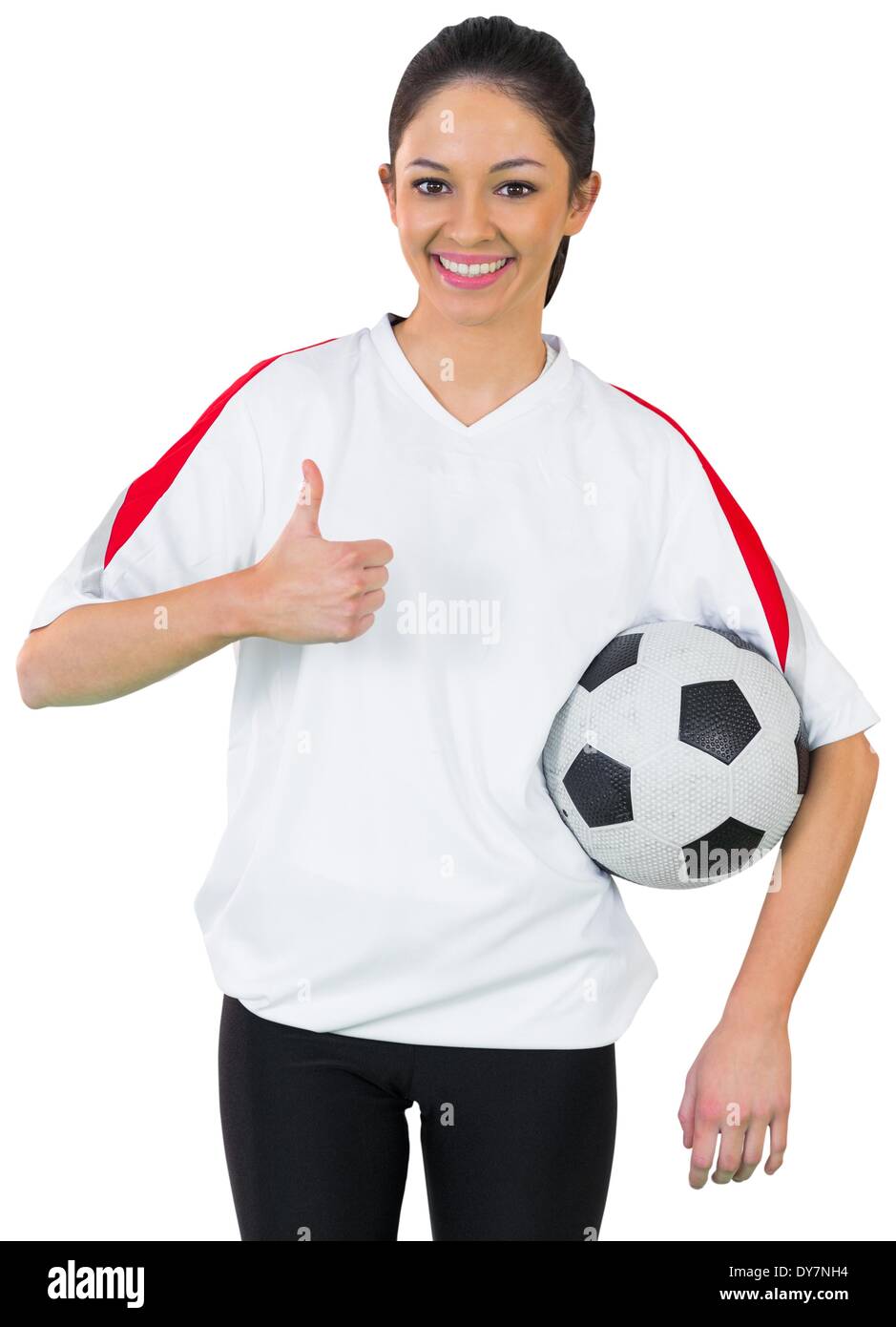 Pretty football fan in white smiling Stock Photo - Alamy