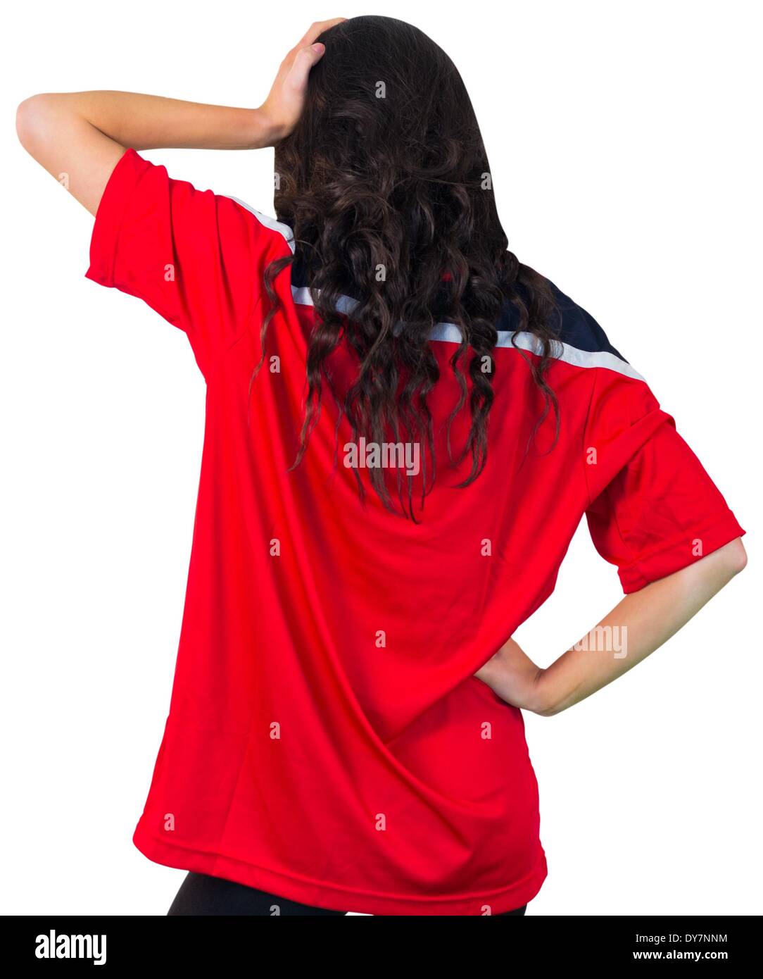 Football fan in red jersey cheering on white background Stock Photo - Alamy