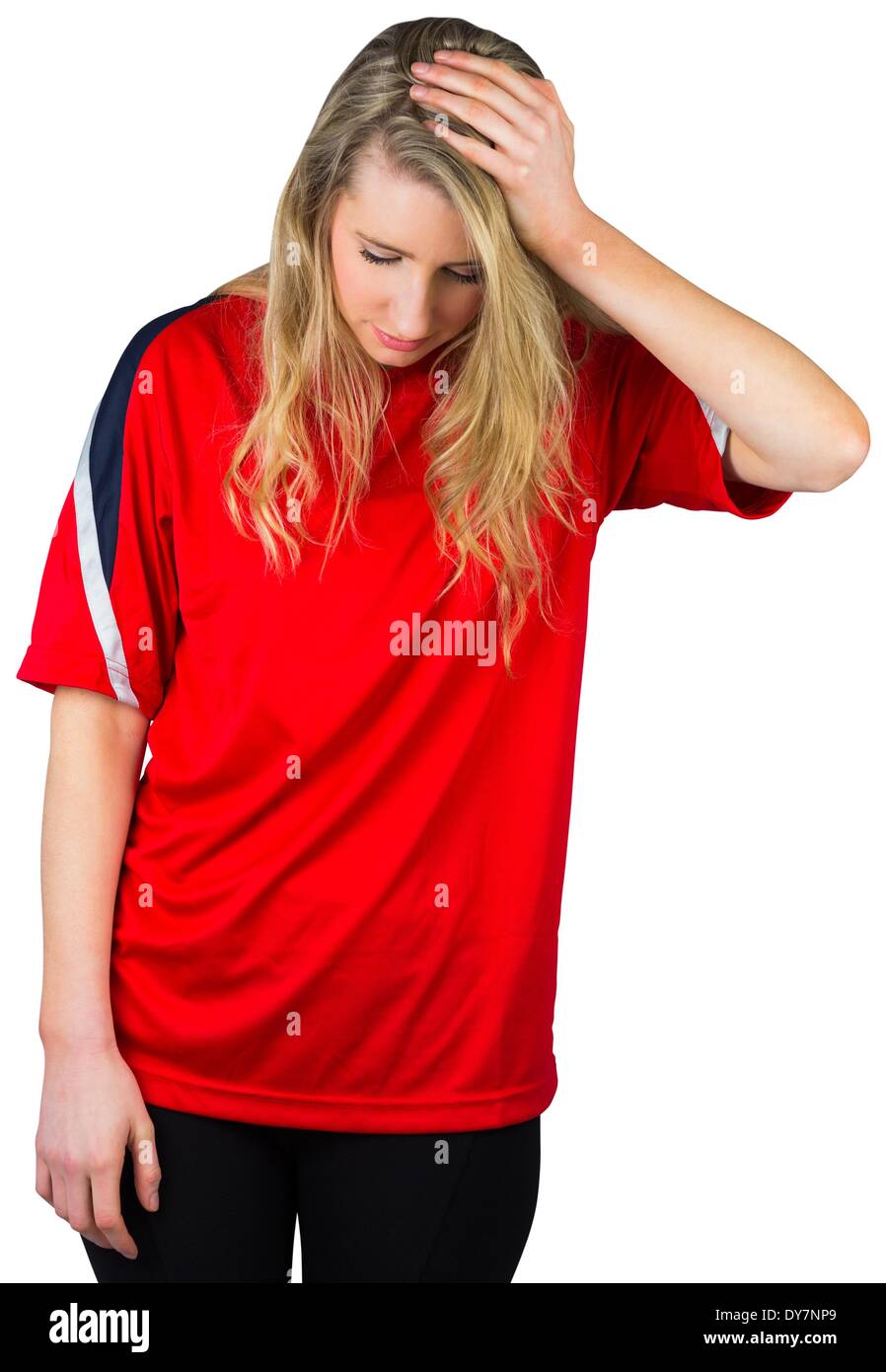 Disappointed football fan in red on white background Stock Photo - Alamy