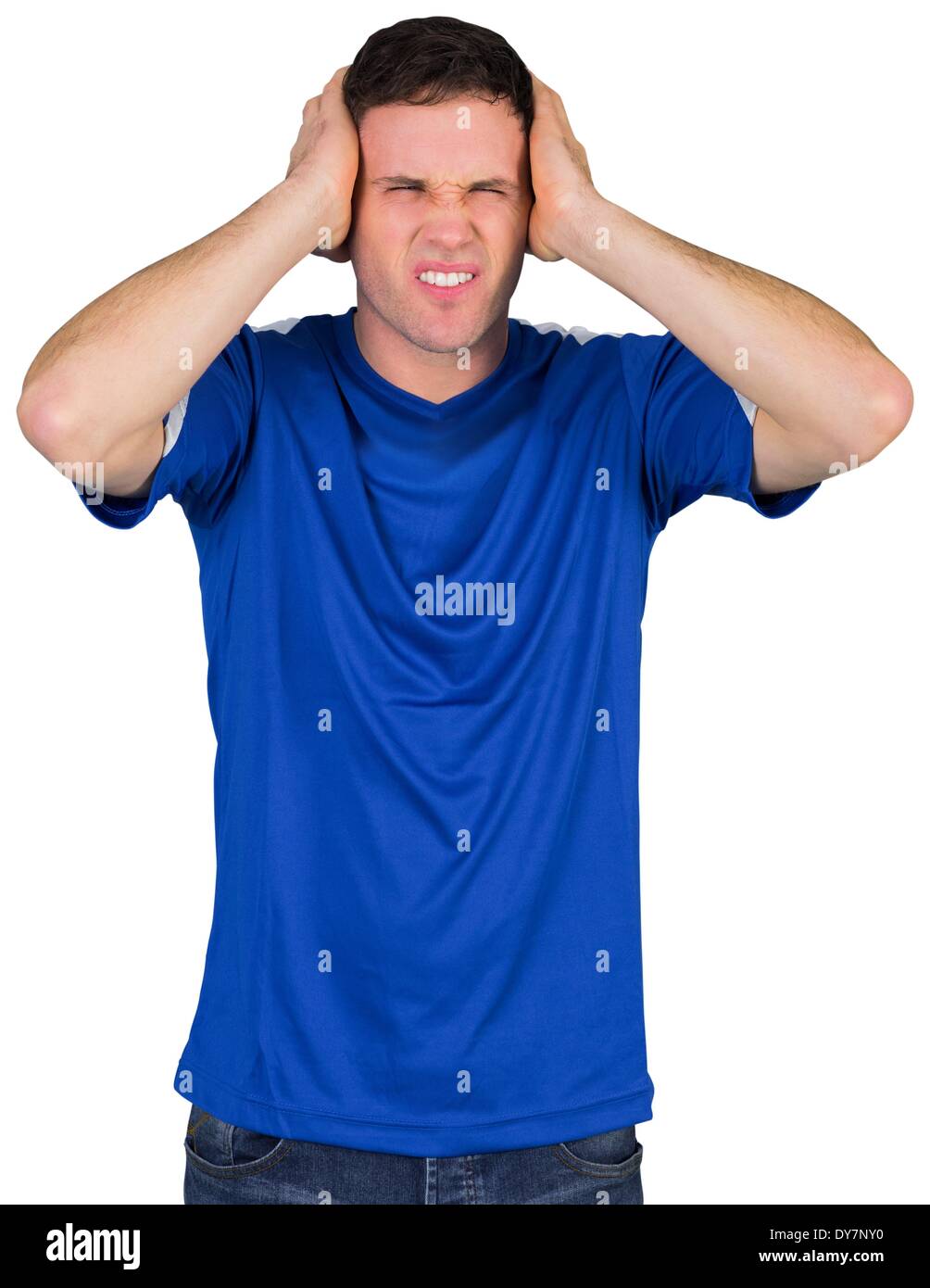 Disappointed football fan in blue Stock Photo - Alamy