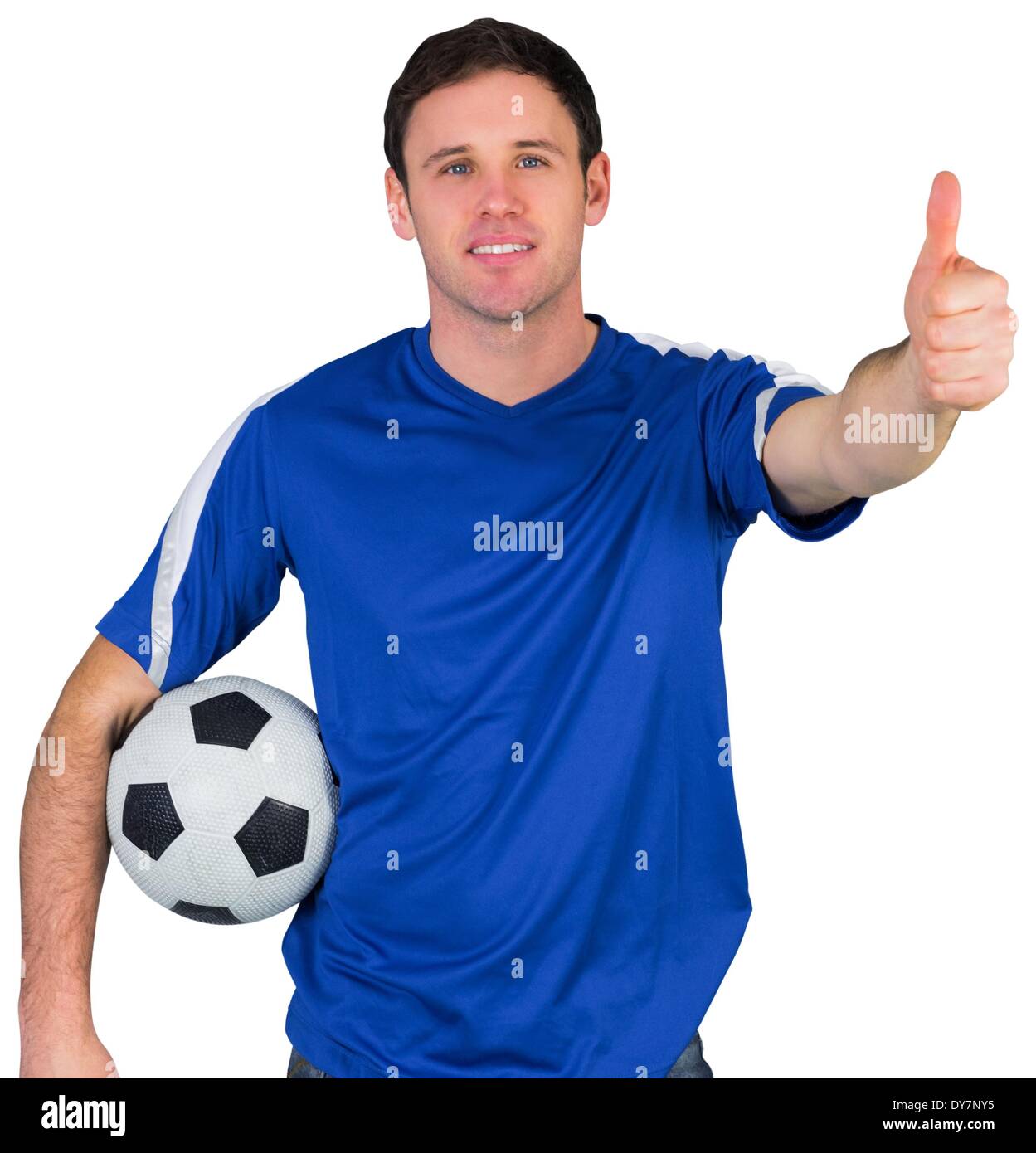 Smiling football fan in blue on white background Stock Photo - Alamy