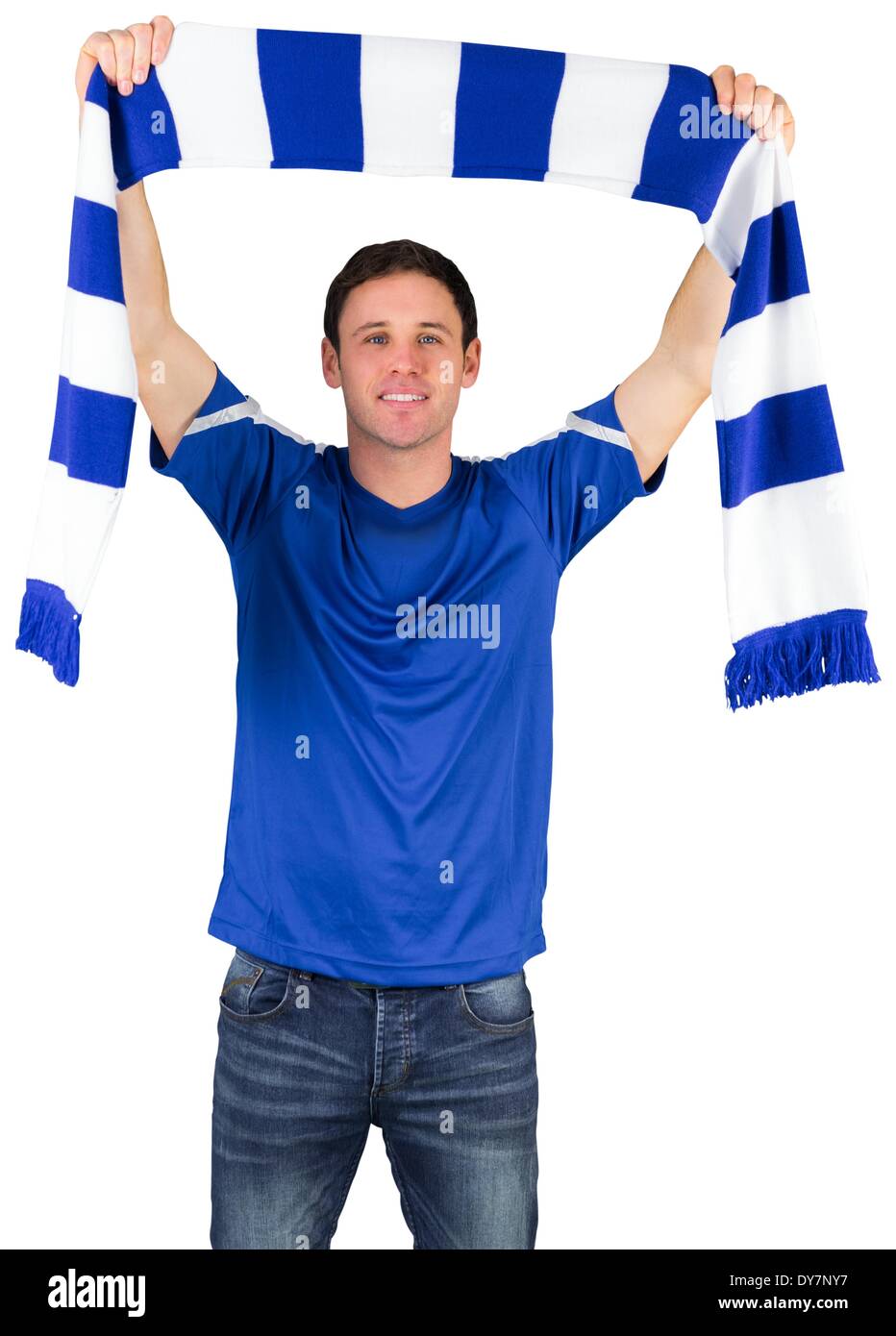 Football fan in blue holding scarf Stock Photo - Alamy