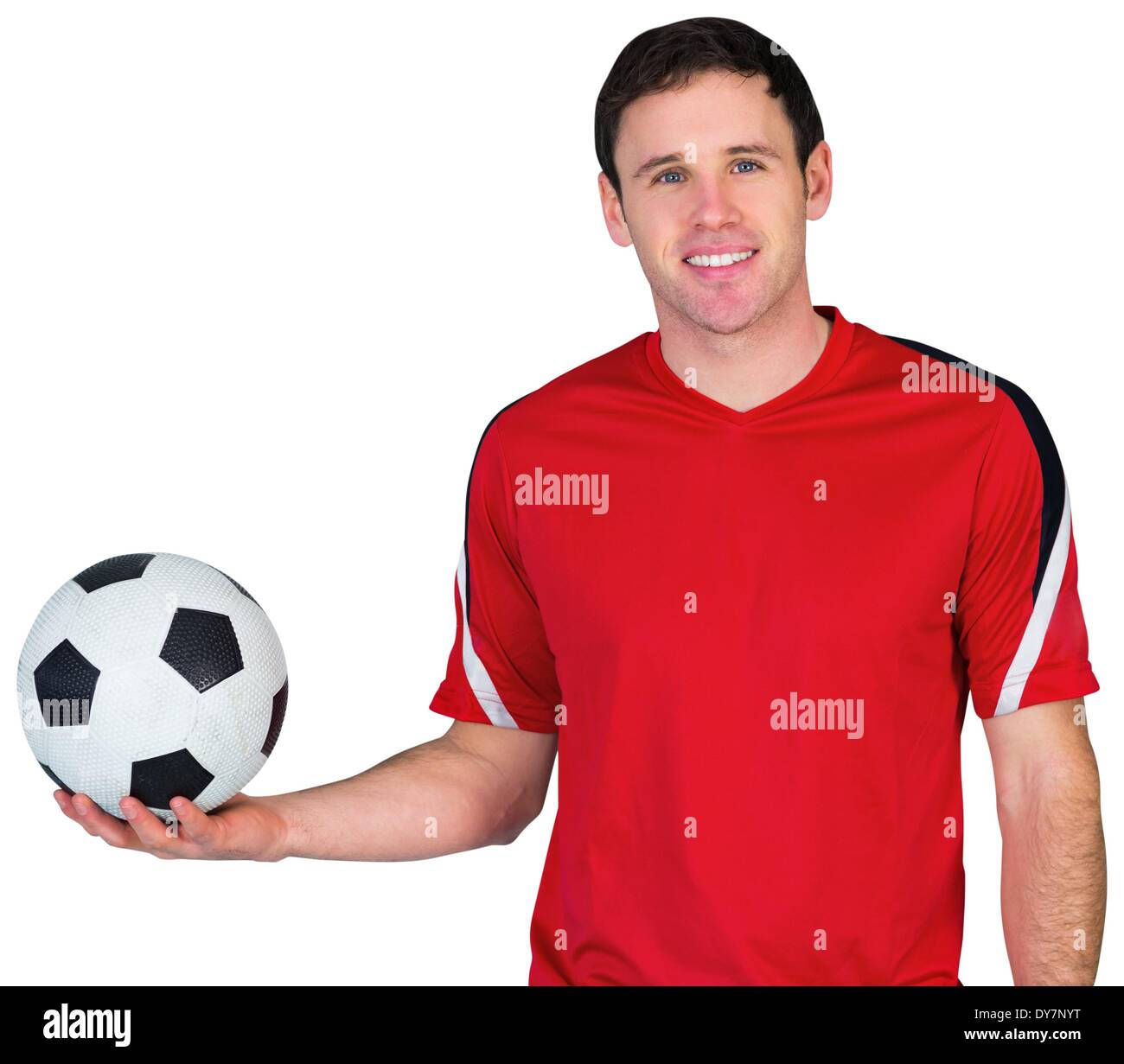 Football fan in red holding ball on white background Stock Photo - Alamy
