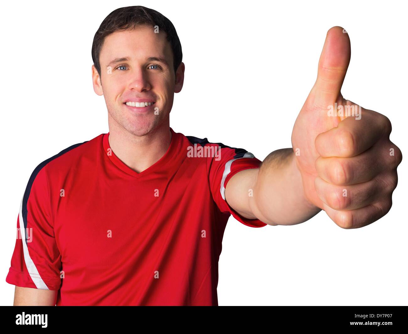 Football fan in red showing thumbs up Stock Photo - Alamy